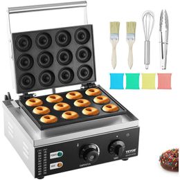 VEVOR Elektrischer Donutmaker, 1550 W Kommerzielle Donutmaschine mit Antihaftbeschichtung, 12-Loch-Waffelmaschine mit Doppelseitiger Heizung für 12