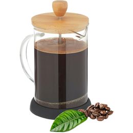 Kaffeebereiter, manuelle Stempelkanne, Siebeinsatz, 800 ml, Glas, Bambusdeckel, Teebereiter, transparent/natur - Relaxdays