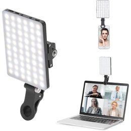 60-LED-Hochleistungs-Videoleuchte mit wiederaufladbarem Clip und Clip auf der Vorder- und Rückseite, einstellbare 3 Lichtmodi für Telefon, iPhone,