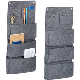 Relaxdays - Hängeorganizer, 2er Set, 4 Fächer, 2 Haken, HxB: 65 x 30 cm, Bad, Flur, Büro, Organizer zum Hängen, Filz, grau