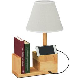 Tischlampe Holz, mit USB-Anschluss, Buchstütze & Handyhalter, E27, Nachttischlampe, Stoffschirm, natur/creme - Relaxdays