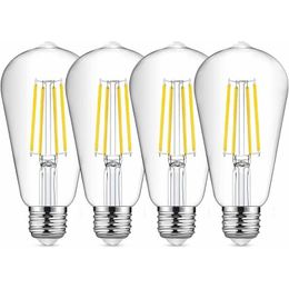 4er-Pack E27 ST64 LED-Glühbirnen, 8 W, 6500 K, Kaltweiß, Vintage-Stil, antike Vintage-Edison-Glühbirnen