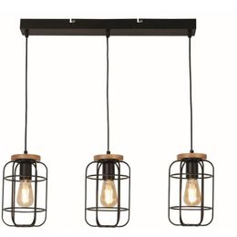 Licht-Erlebnisse Pendelleuchte Metall E27 h: max. 130 cm Schwarz Natur 3-flammig länglich Retro Design Käfig Schirm