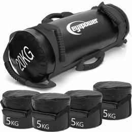 Eyepower 20kg Power Bag mit 4 Kettlebell Gewichten - 20x60 Home Training Sandbag 6 Griffe - schwarz