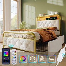 Polsterbett Einzelbett mit aufladen USB Type C Ladefunktion APP-Control LED Bettgestell Metallbett 90×200 Bettrahmen und 2 Schubladen, Samt (Ohne