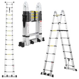 VINGO - Teleskopleiter Alu Leichtgewicht Rutschfester 2,5m+2,5m Silber Multifunktionsleiter Mehrzweckleiter Ausziehbare Leiter 15 Stufe Stehleiter