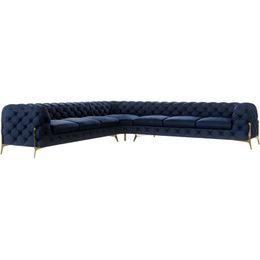 S-style Möbel - Chesterfield Ecksofa Willow mit Metall Füßen, Blau Samt