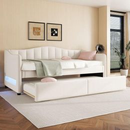 Tagesbett, 90 x 200 cm große Chaiselongue mit ausziehbarem Bett, Schlafsofa, Einzelbett (ohne Matratze), Ambientelichtdesign, Leinen,