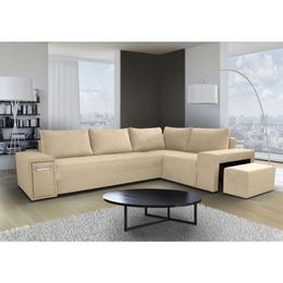 Sofa mit Schlaffunktion Kardo - Ecksofa mit Zwei Bettkasten, Samtstoff, Puff, Schublade - Eckcouch L-Form Rechts - Beige - Beige - Graingold