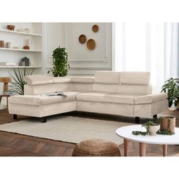 Lisa Design - Nairobi – ecksofa mit schlaffunktion – aus samt – 5-sitzer – mit kopfstützen – links - beige