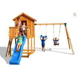 Fungoo - Spielturm 'My House Move+' teak mit Rutsche, Doppelschaukel, Haus mit Holzdach, Leiter, Griffe