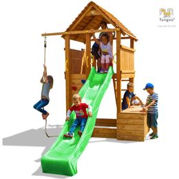 Fungoo Spielturm 'Fortress Toybox' teak mit Rutsche, Toybox, Holzdach, Leiter, Steuerrad, Kletterwand