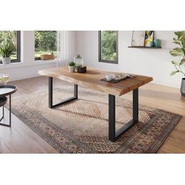 Esstisch 180 x 90 cm Akazie massiv natur Baumkantentisch U-Gestell schwarz ATLAS