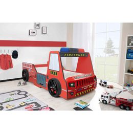 Autobett Kinder 90x200 cm Feuerwehrbett "Rio Firetruck" mit LED-Licht und Sirenenoptik