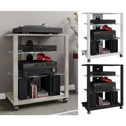 Vcm Hifi Holz M&ouml;bel Rack Schrank Phono Regal mit Rollen 2 Glasb&ouml;den Ma&szlig;e: H. 70 x B. 60 x T. 41 cm Phono Mediaregal - Folas