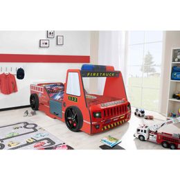 Autobett Kinder 90x200 cm Feuerwehrbett "Rio Firetruck" mit LED-Licht und Sirenenoptik