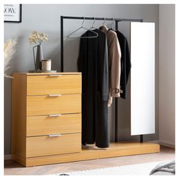 Garderobe FineBuy Kleiderschrank Eiche 145 cm Schubl&auml;den Spiegel Kleiderstange