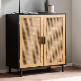 FineBuy Sideboard 80cm mit 2 T&uuml;ren in Rattan Wiener Geflecht Design Kommode Schwarz