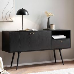 Sideboard FineBuy 140cm Eiche Dekor Schwarz mit 2 T&uuml;ren Schublade & Ablage Kommode