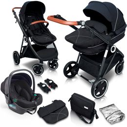 Kombi-Kinderwagen BABYGO "Halime 3in1" schwarz (anthracite black) Baby Kinderwagen inklusive Babywanne, Babyschale, Regenhaube & Wickeltasche