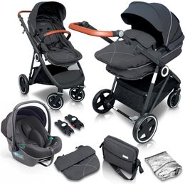 Kombi-Kinderwagen BABYGO "Halime 3in1" grau (grey black) Baby Kinderwagen inklusive Babywanne, Babyschale, Regenhaube & Wickeltasche