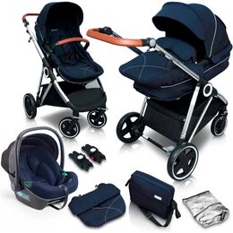 Kombi-Kinderwagen BABYGO "Halime 3in1" blau (blue silver) Baby Kinderwagen inklusive Babywanne, Babyschale, Regenhaube & Wickeltasche