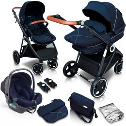 Kombi-Kinderwagen BABYGO "Halime 3in1" blau (blue black) Baby Kinderwagen inklusive Babywanne, Babyschale, Regenhaube & Wickeltasche