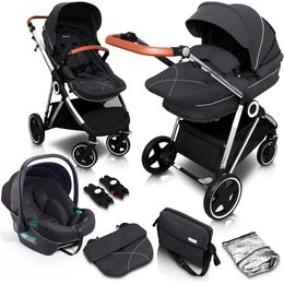 Kombi-Kinderwagen BABYGO "Halime 3in1" schwarz (anthracite silver) Baby Kinderwagen inklusive Babywanne, Babyschale, Regenhaube & Wickeltasche