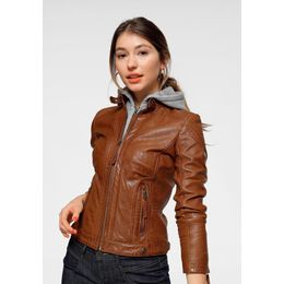 Lederjacke Mauritius "Junja", Damen, Gr. S/36, braun (cognac), Obermaterial: 100% Schafsleder. Futter: 100% Baumwolle. Ärmelfutter: 100% Polyester. Kapuze: 55% Baumwolle, 45% Polyester, sportlich, sehr figurbetont kurz, Langarm mit Reißverschluss, Jacken, mit abnehmbarem Kapuzen-Einsatz und aufwendigen Biker-Details