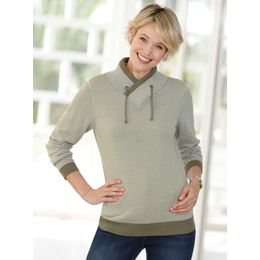 WITT Damen Langarm-Pullover mit &uuml;berlappendem Stehkragen, khaki-ecru-geringelt, Gr&ouml;&szlig;e 54