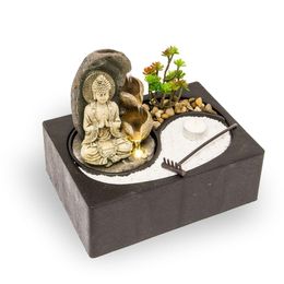 Zimmerbrunnen mit LED-Beleuchtung und Buddha, Feng Shui Dekobrunnen mit kleinem ZEN Garten