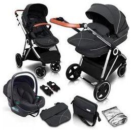 Kombi-Kinderwagen BABYGO "Halime 3in1" schwarz (anthrazit silber) Baby Kinderwagen inklusive Babywanne, Babyschale, Regenhaube & Wickeltasche