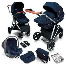 Kombi-Kinderwagen BABYGO "Halime 3in1" blau (blau silber) Baby Kinderwagen inklusive Babywanne, Babyschale, Regenhaube & Wickeltasche