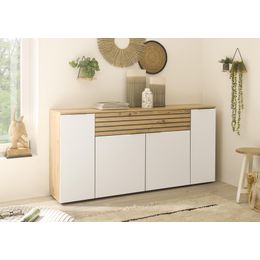 HBZ-MEBLE Sideboard HBZ "BZ 5110 Wohnzimmerschrank, BxHxT 177x85x37 cm" Sideboards Gr. B/H/T: 177 cm x 85 cm x 37 cm, 1 St., weiß (artisan eiche, abgesetzt artisan mit grauen streifen) Wohnzimmerschrank 4 Türen, 1 Schubkasten, Einlegeböden