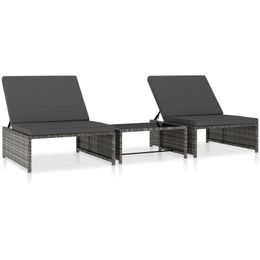 vidaXL - Sonnenliegen 2 Stk. mit Tisch Poly Rattan Grau