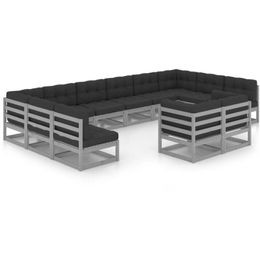 vidaXL - 12-tlg. Garten-Lounge-Set mit Kissen Grau Massivholz Kiefer