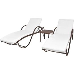 Sonnenliegen 2 Stk. mit Tisch Poly Rattan Braun vidaXL