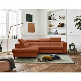 Lisa Design - Olinda - ecksofa mit ecke links - 5 sitzplätze - schlaffunktion, bettkasten und verstellbare kopfstützen - aus stoff - terrakotta