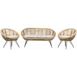 Beliani 4-Sitzer Lounge Set Natürlich Rattan 3-Teilig Gartensofa und 2 Gartenstühle mit Schwarzem Metallgestell Auflagen Hellbeige Boho Outdoor Indoor