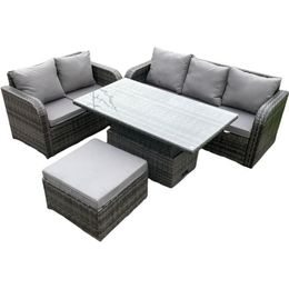 Fimous - Rattan-Gartenmöbel-Sets im Freien höhenverstellbarer aufsteigender Esstisch-Lounge-Sofa-Satz mit großem Fußhocker Dunkelgrau gemischt