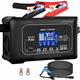 20A 12V/24V Autobatterieladegerät, Motorradbatterieladegerät mit LCD-Display und Touch-Tasten für SUV-Boote/Lithium-LiFePO4-Blei-Säure-Batterien