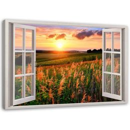 Bild auf Leinwand, Fenster - Blick auf ein Blumenfeld - 60x40