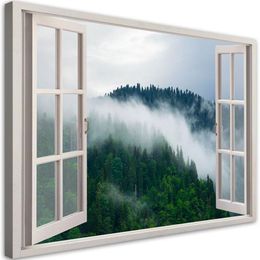 Bild auf Leinwand, Wald im Nebel, Blick aus dem Querformatfenster - 60x40