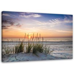 Bild auf Leinwand, Untergehende Sonne am Strand – 100x70