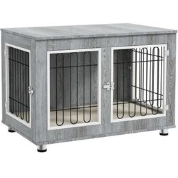 PawHut - Hundekäfig, Hundehütte, Haustierkäfig mit Kissen, 2 Verriegelungen für Mittelegroße Hunde, Hundebox mit Doppeltüren, Hundehaus, Grau, 90 x