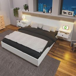 Doppelbett-System mit 2 LED-Nachttischen und USB-C-Steckdose. Holzbett 180 x 200 cm mit 2 Nachttischen, komplettes Schlafzimmer – 205 x 284 x 90,5 cm