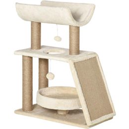 PawHut Katzen Kratzbaum Klein, 76 cm Katzenbaum mit Spielball, Sitzplatz, Indoor Kletterturm mit Bett, Kratzbrett, Kratzmöbel für Katzen bis 5 kg, Hellbraun