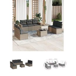 8-tlg. Garten-Sofagarnitur mit Kissen Grau Poly Rattan - Gartenmöbel-Sets - Grau - The Living Store