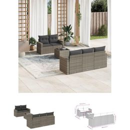 6-tlg. Garten-Sofagarnitur mit Kissen Grau Poly Rattan - Gartenmöbel-Sets - Grau - The Living Store