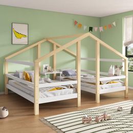 Okwish - Hochbett für 2 Kinder zwei Einzelbetten unter einem Dach im Hausbett-Design mit Nachttisch und Lattenrost Jugendbett 90200 mit